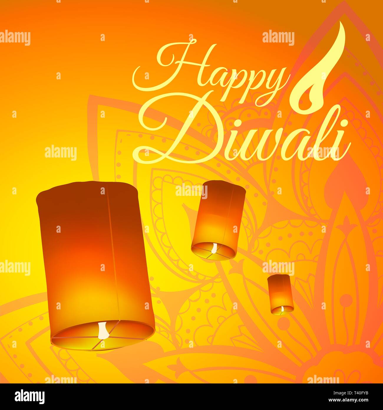 Post card for Diwali festival with realistic sky lanterns and mandala ...