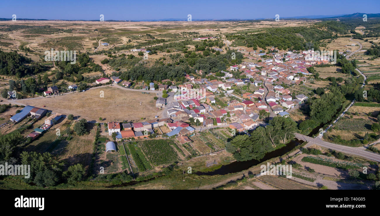 Top panoramic view of small village of Pobladura de Aliste Stock Photo ...