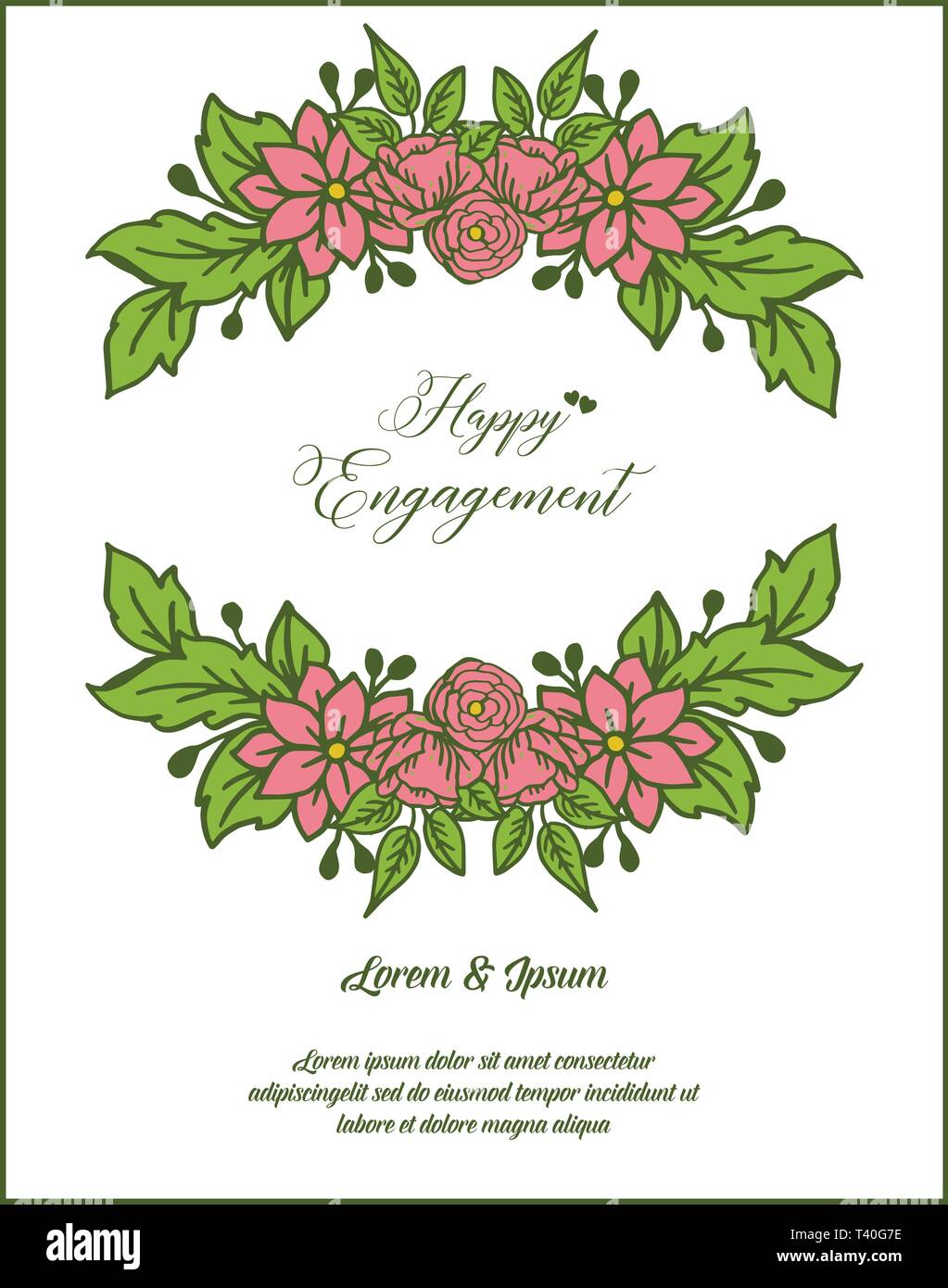 Vector illustration ornate of happy engagement with wreath frame style ...
