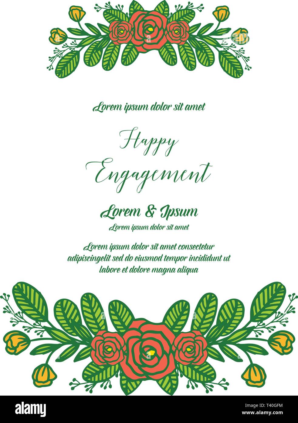 Vector illustration style of happy engagement with drawing flower frame ...