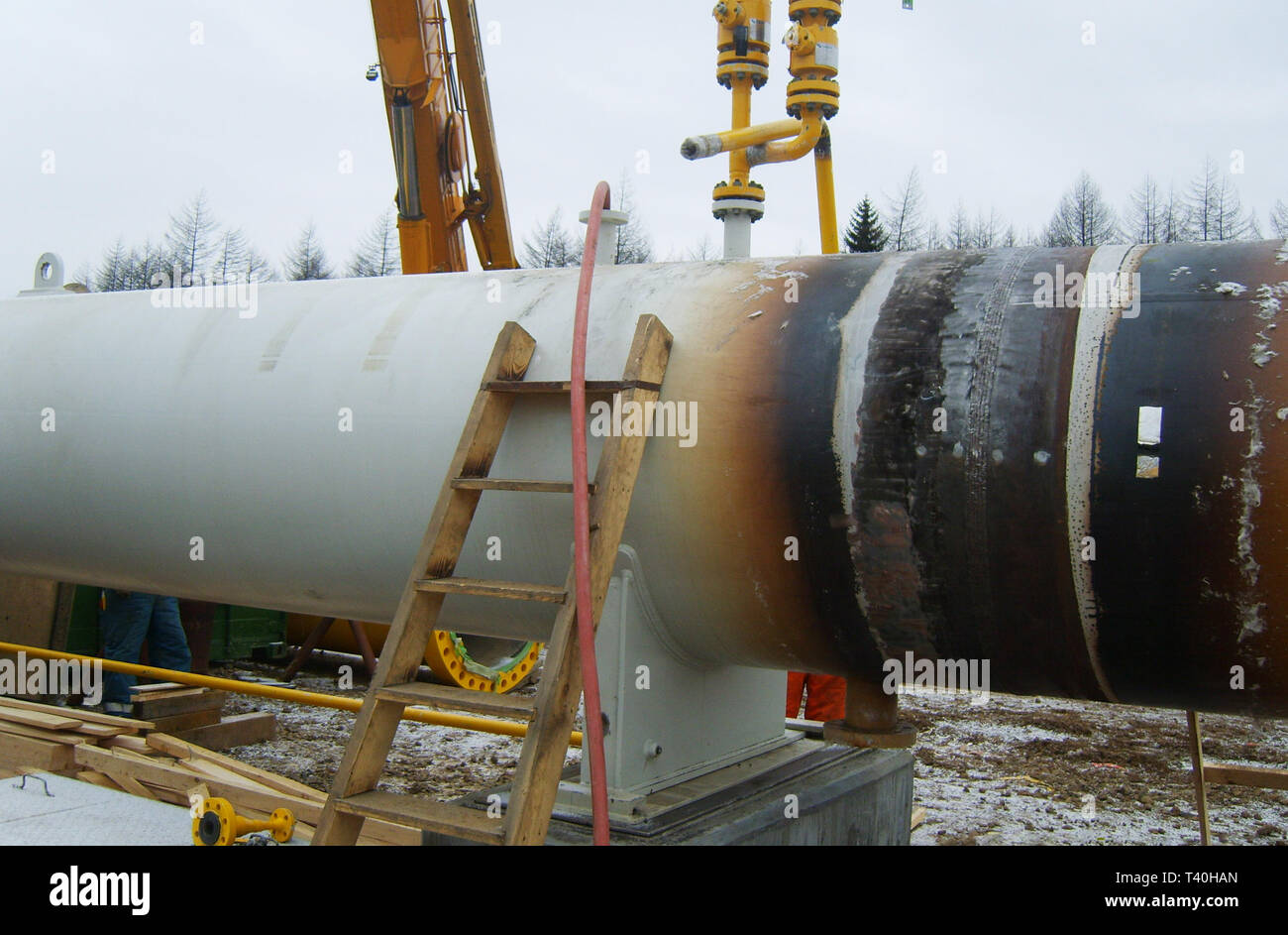 Construction of the gas pipeline on the ground. Transportation of ...