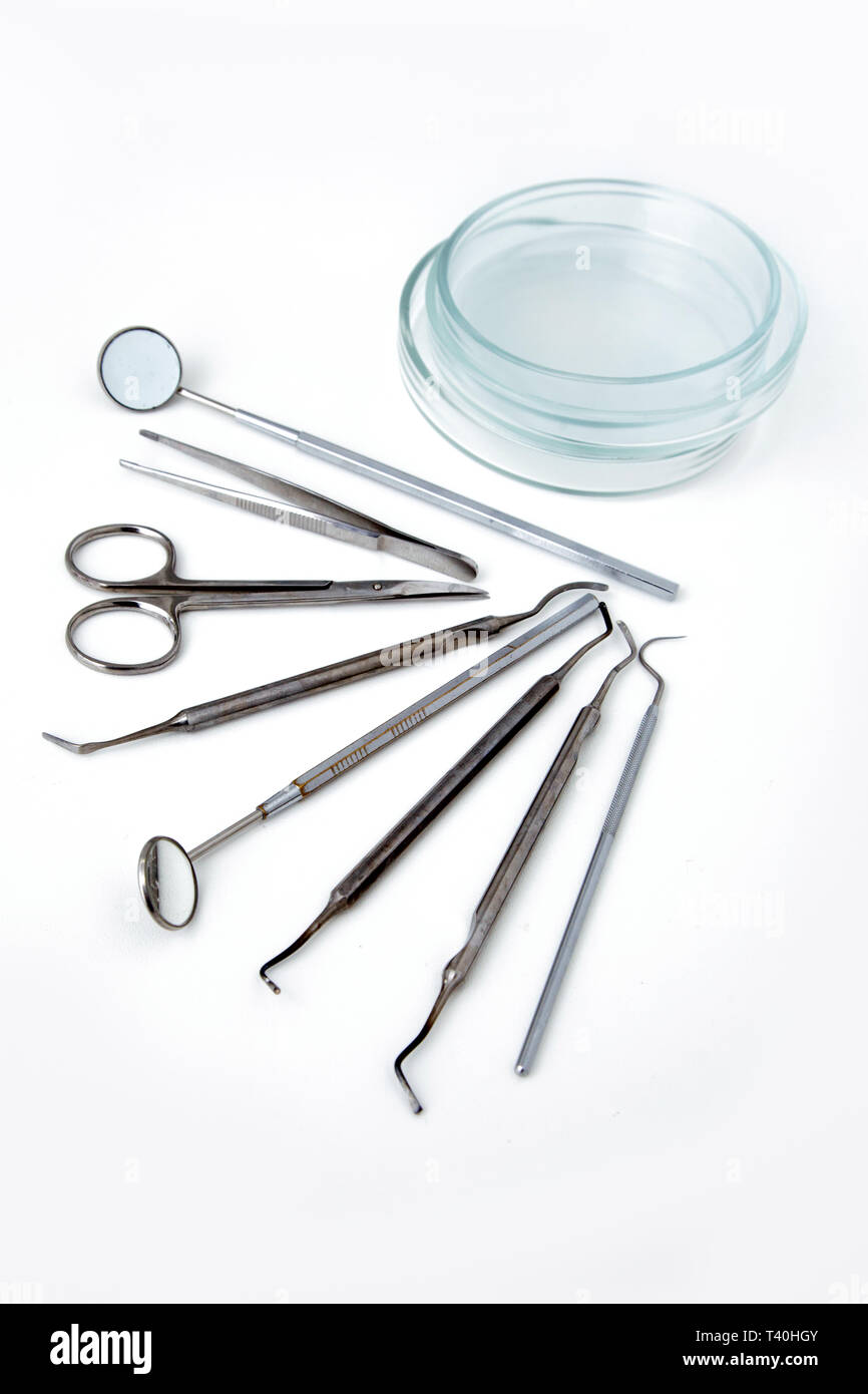 Dental equipment and instruments are on a white table Stock Photo - Alamy