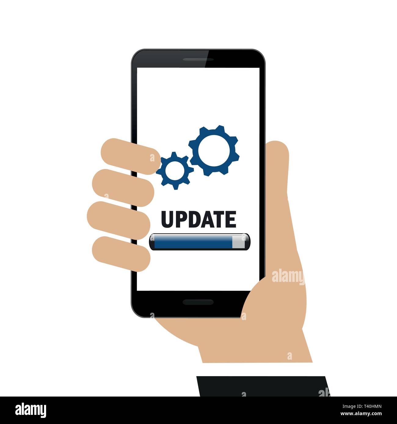 hand holds smartphone update gears on display isolated on white ...