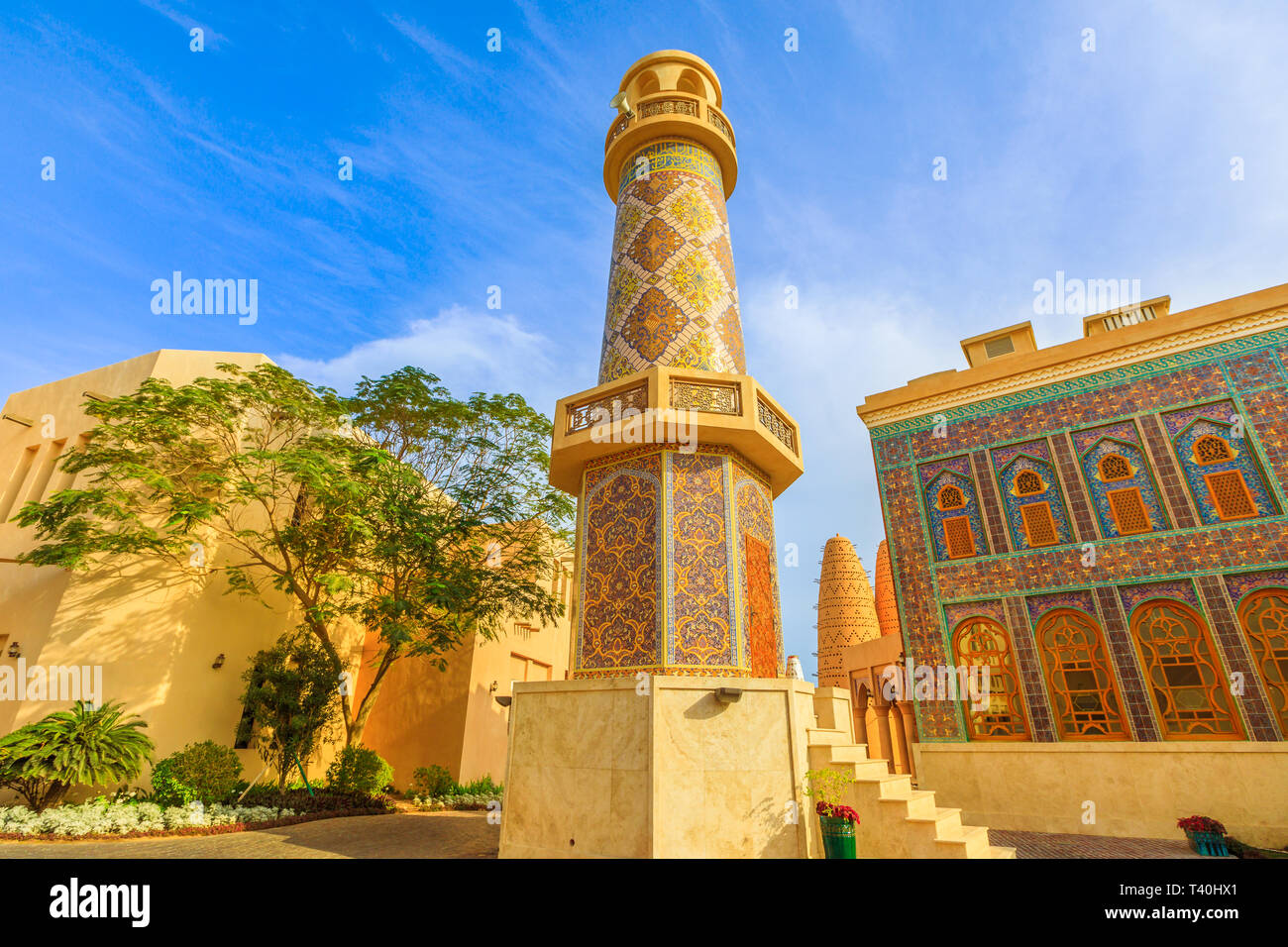 Historic Minaret of the Mosque in Katara. Katara is a cultural village ...