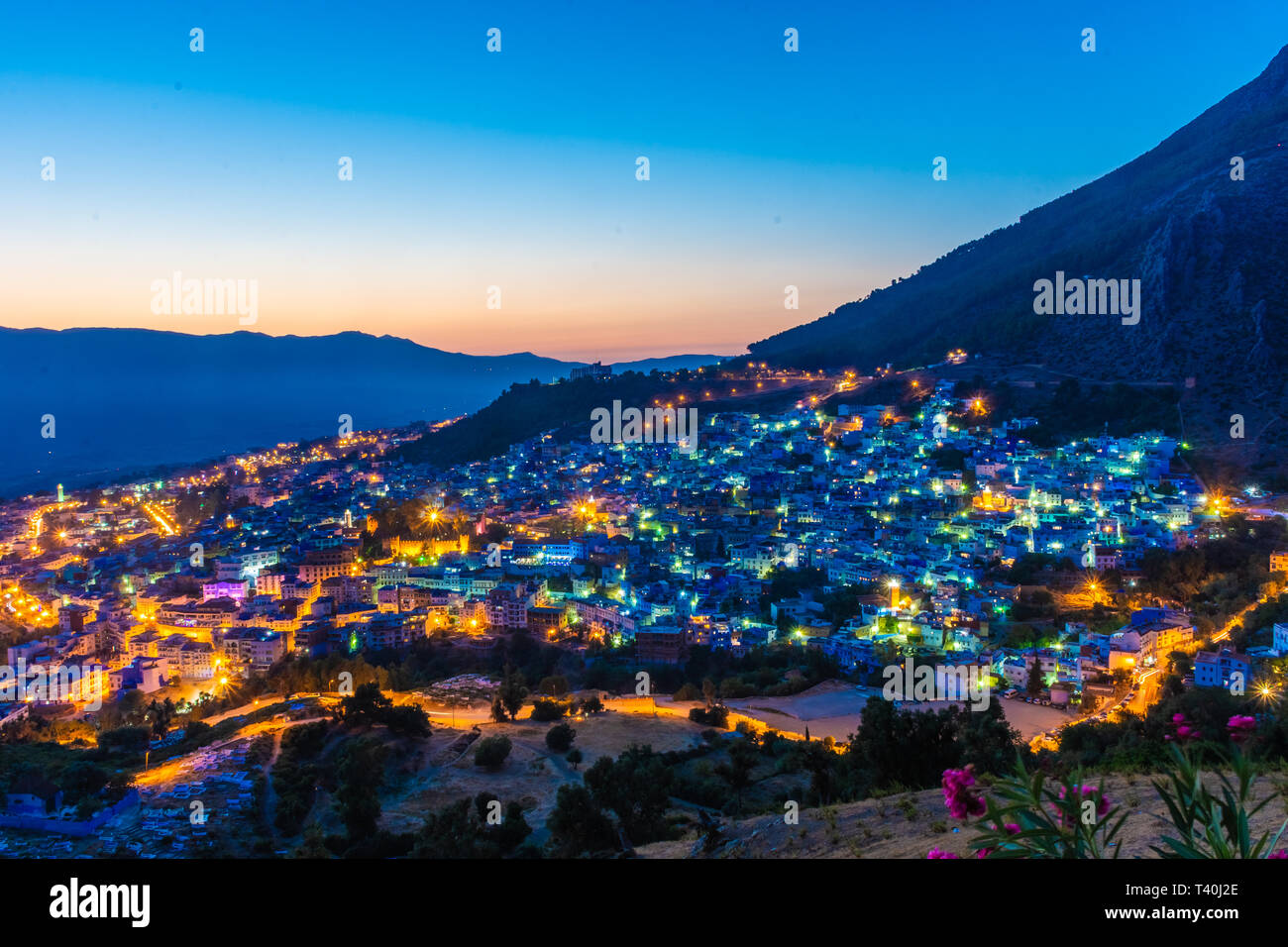 Beautiful sunset over the cityscape of Chefchaouen, the blue city of ...
