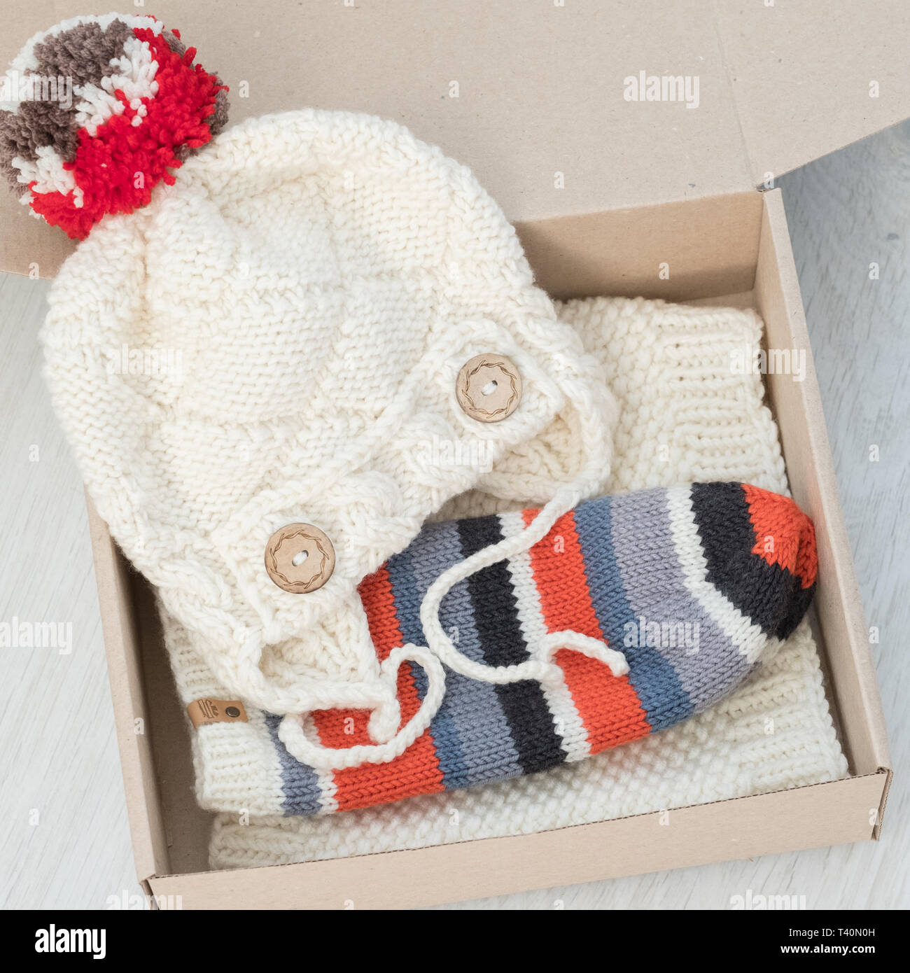 cute cozy knitted children winter set Stock Photo - Alamy