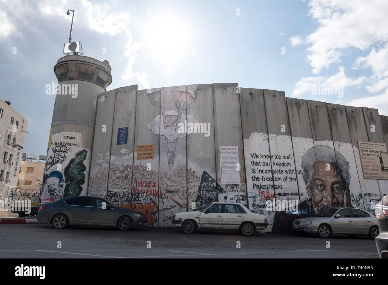 Israeli security tower is placed on the corner of a wall to gain a good ...