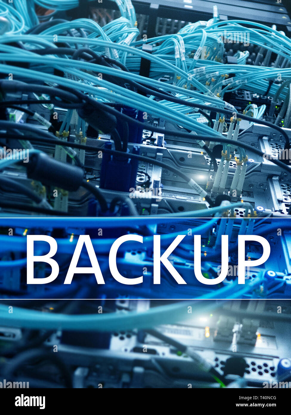 Backup button on modern server room background. Data loss prevention ...
