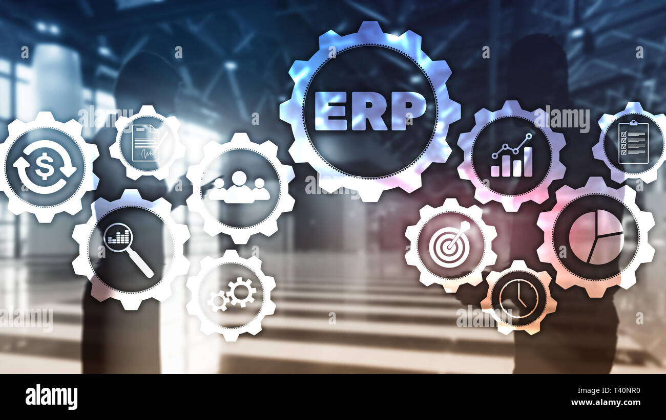 ERP system, Enterprise resource planning on blurred background. Business automation and ...
