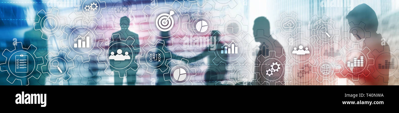 Business process abstract diagram with gears and icons. Workflow and ...