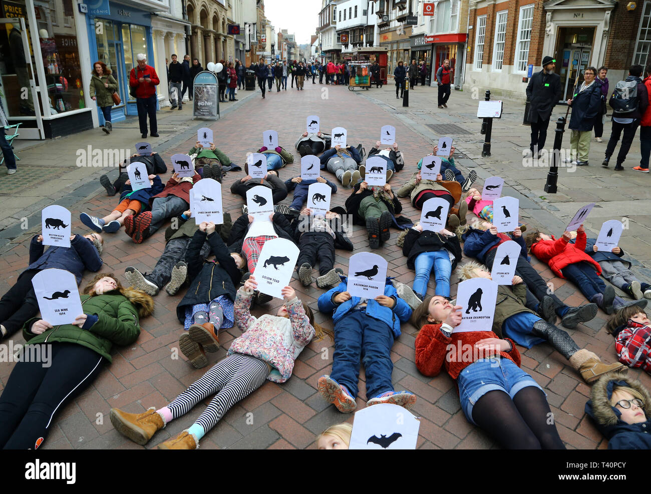 Students hold pictures of endangered and extinct animals as they take ...