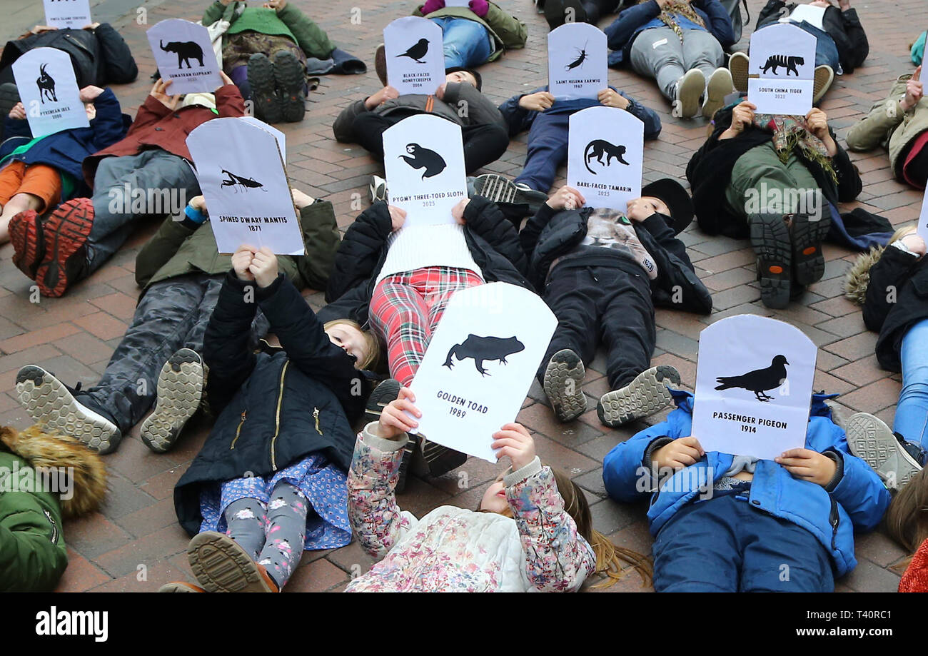 Students hold pictures of endangered and extinct animals as they take ...