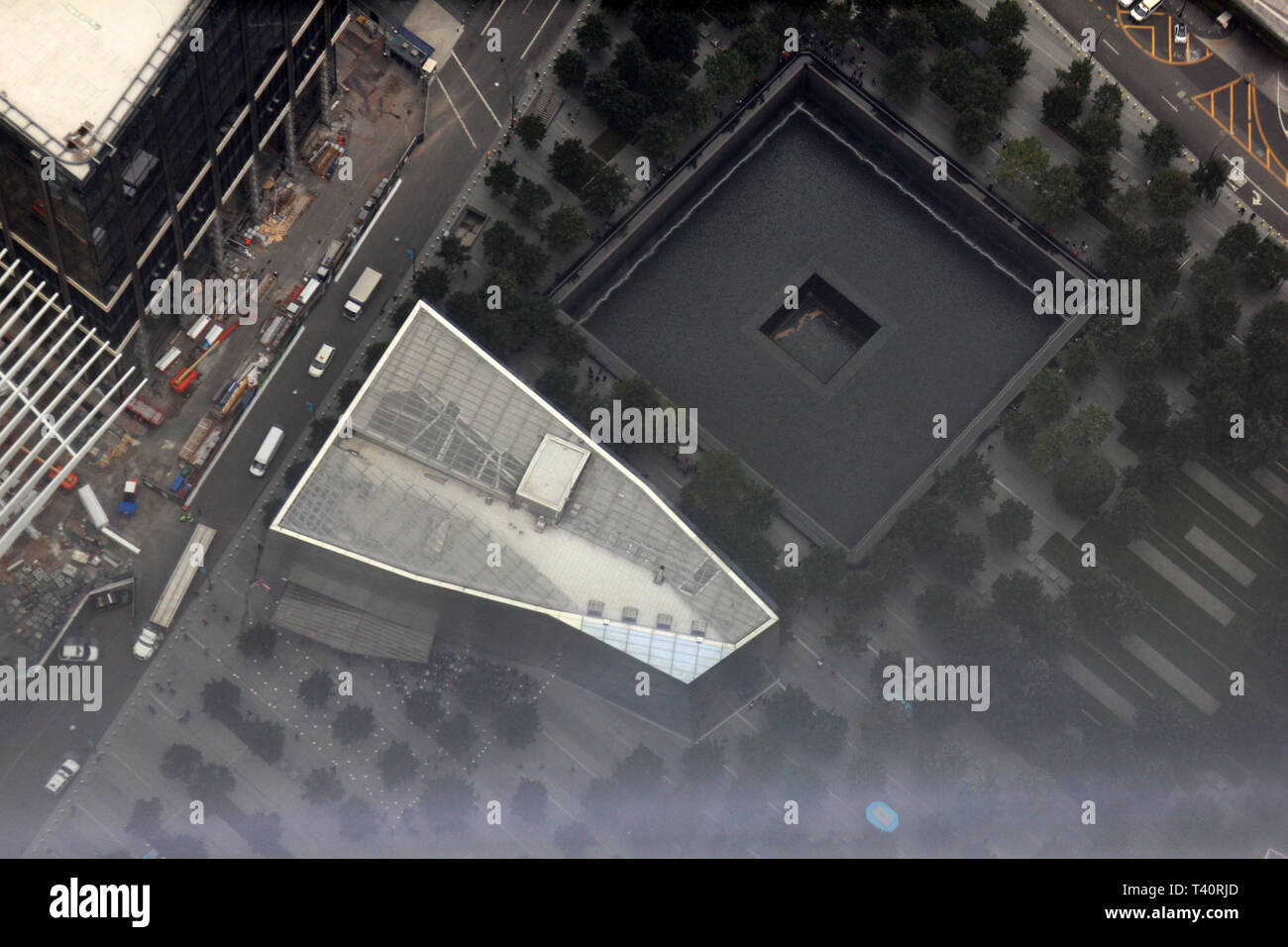 View from top New World Trade Centre of 911 memorial, waterfall and ...