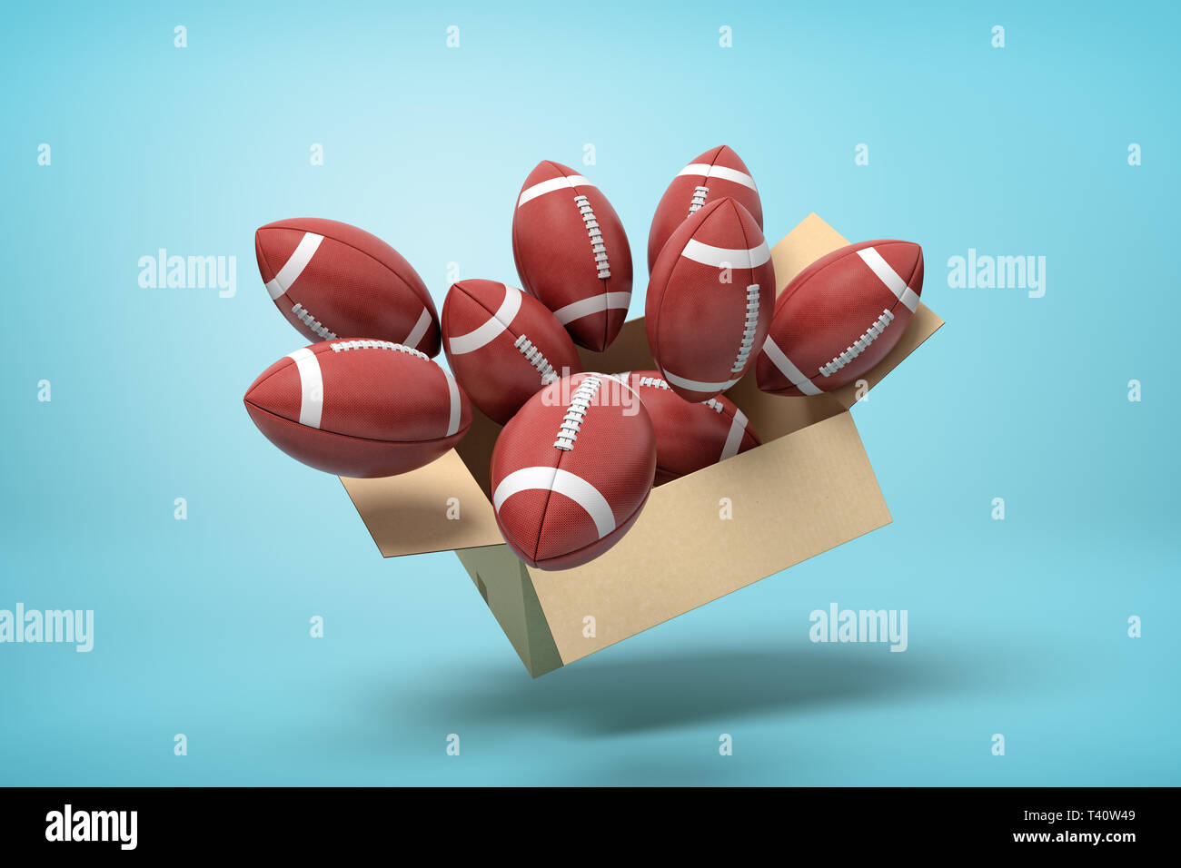 3d rendering of brown american football balls in carton box on blue ...