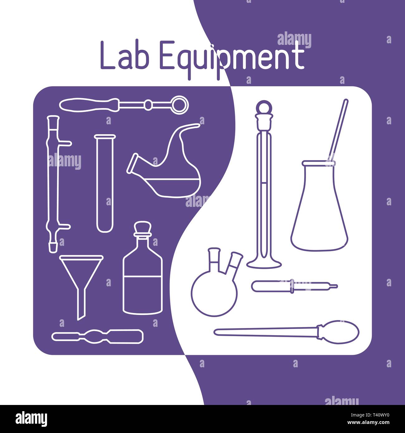 Vector science illustration with flasks, test tubes, funnel, tools ...