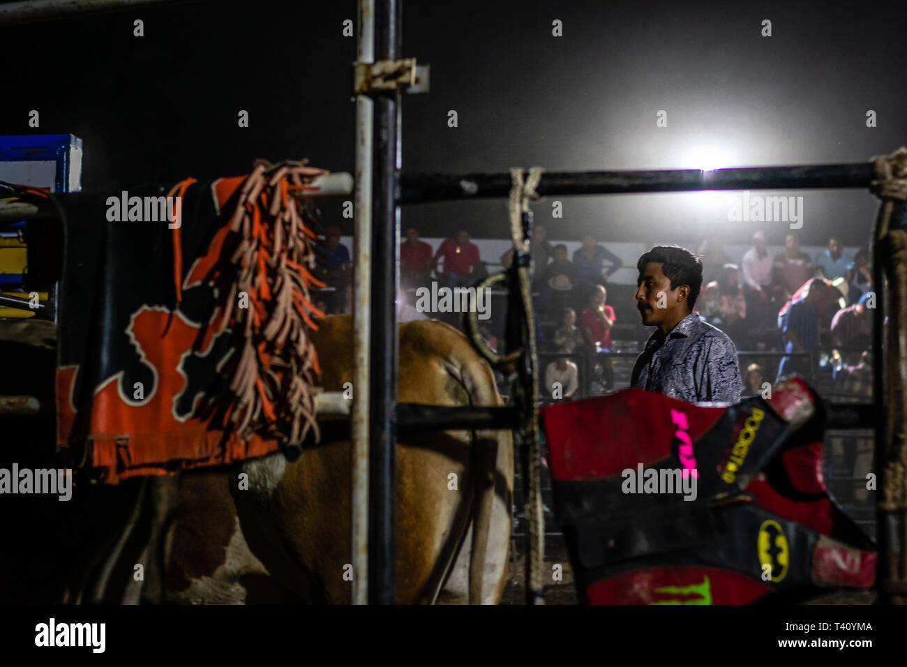 bull riding gear hanging on gate in Guatemalan rodeo Stock Photo - Alamy