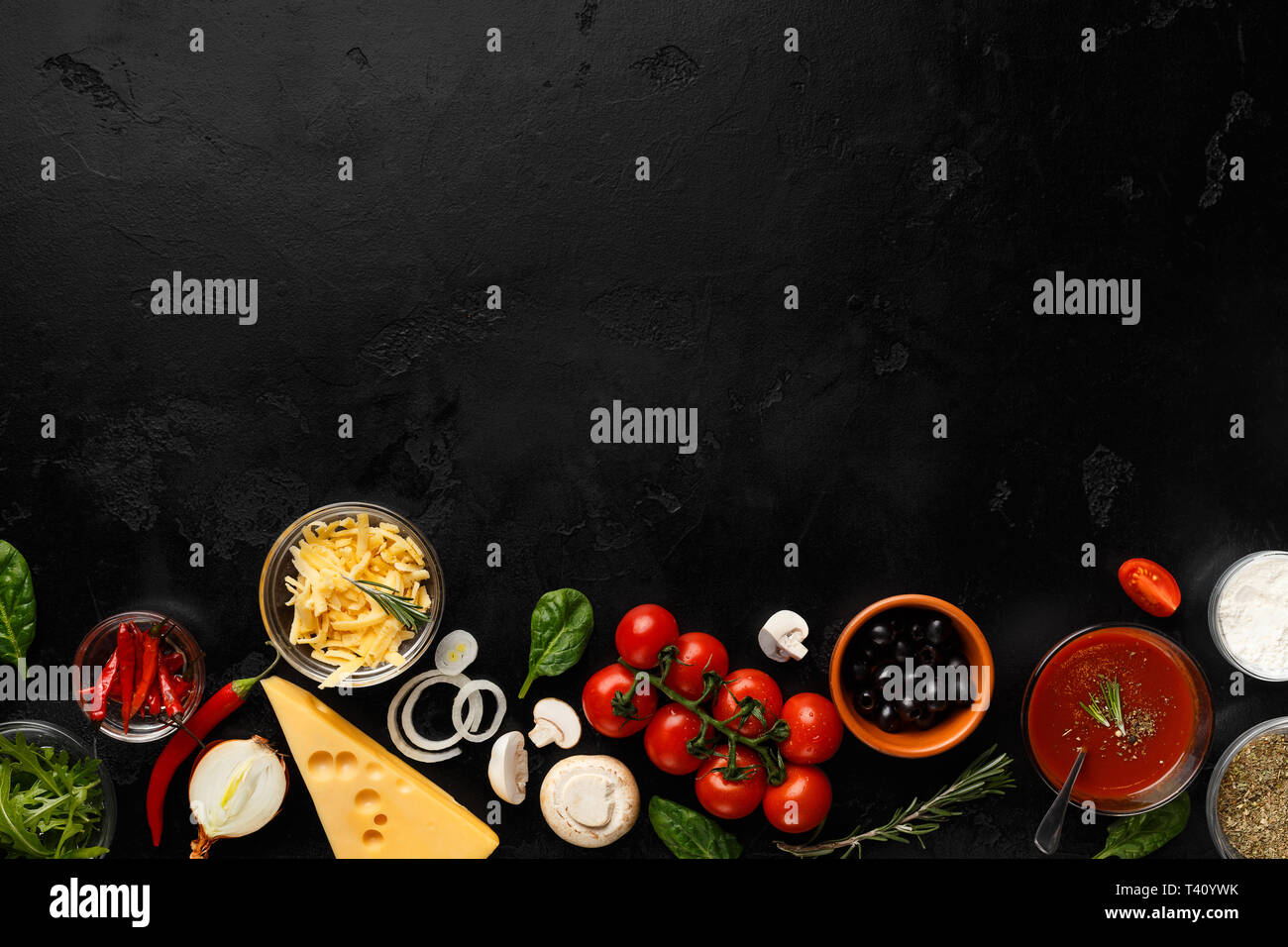 Frame of pizza cooking ingredients, vegetables and cheese Stock Photo ...