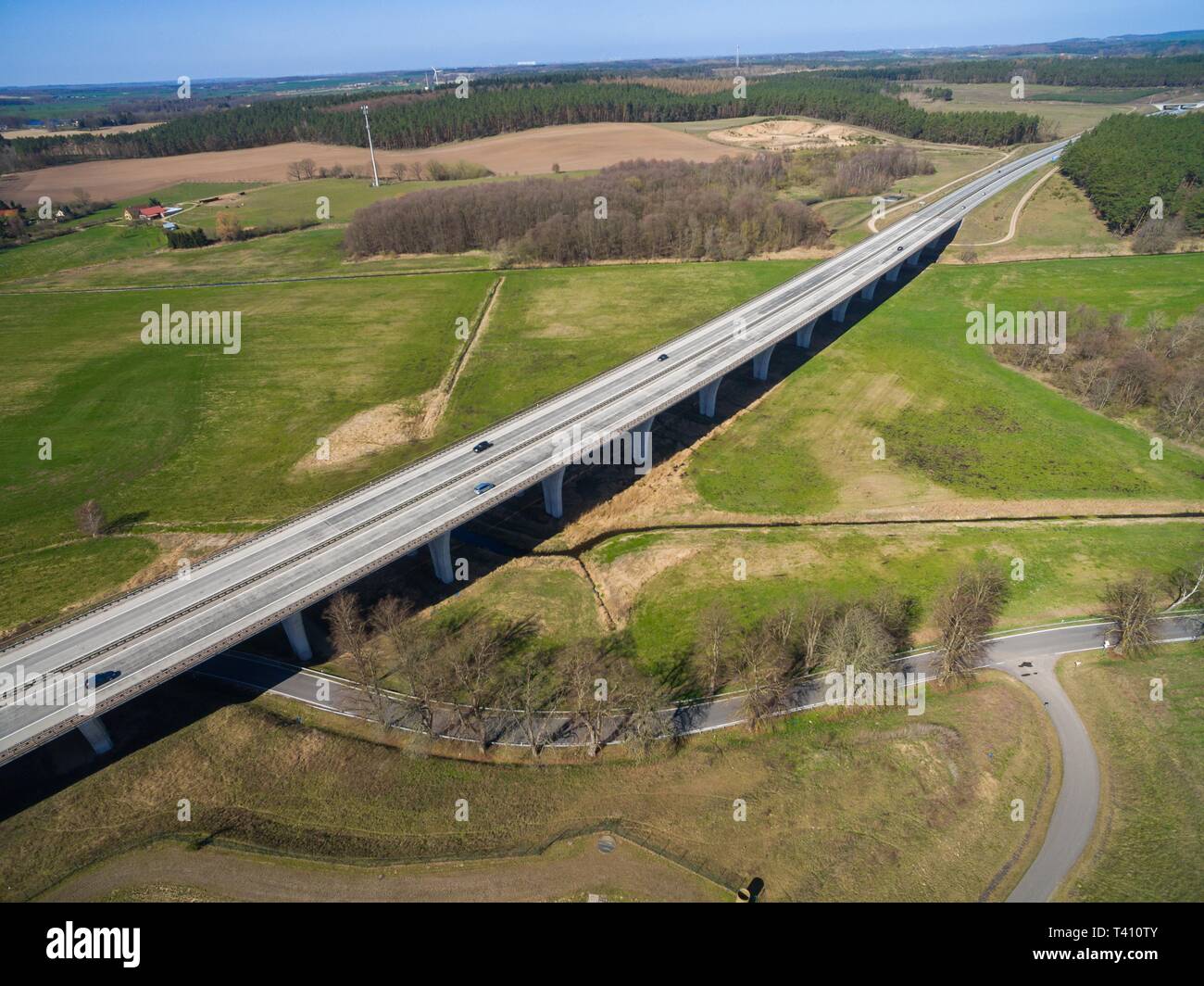 highway bridge in rural area - aerial view of a big highway bridge in ...