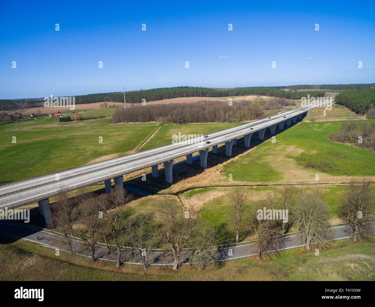 highway bridge in rural area - aerial view of a big highway bridge in ...
