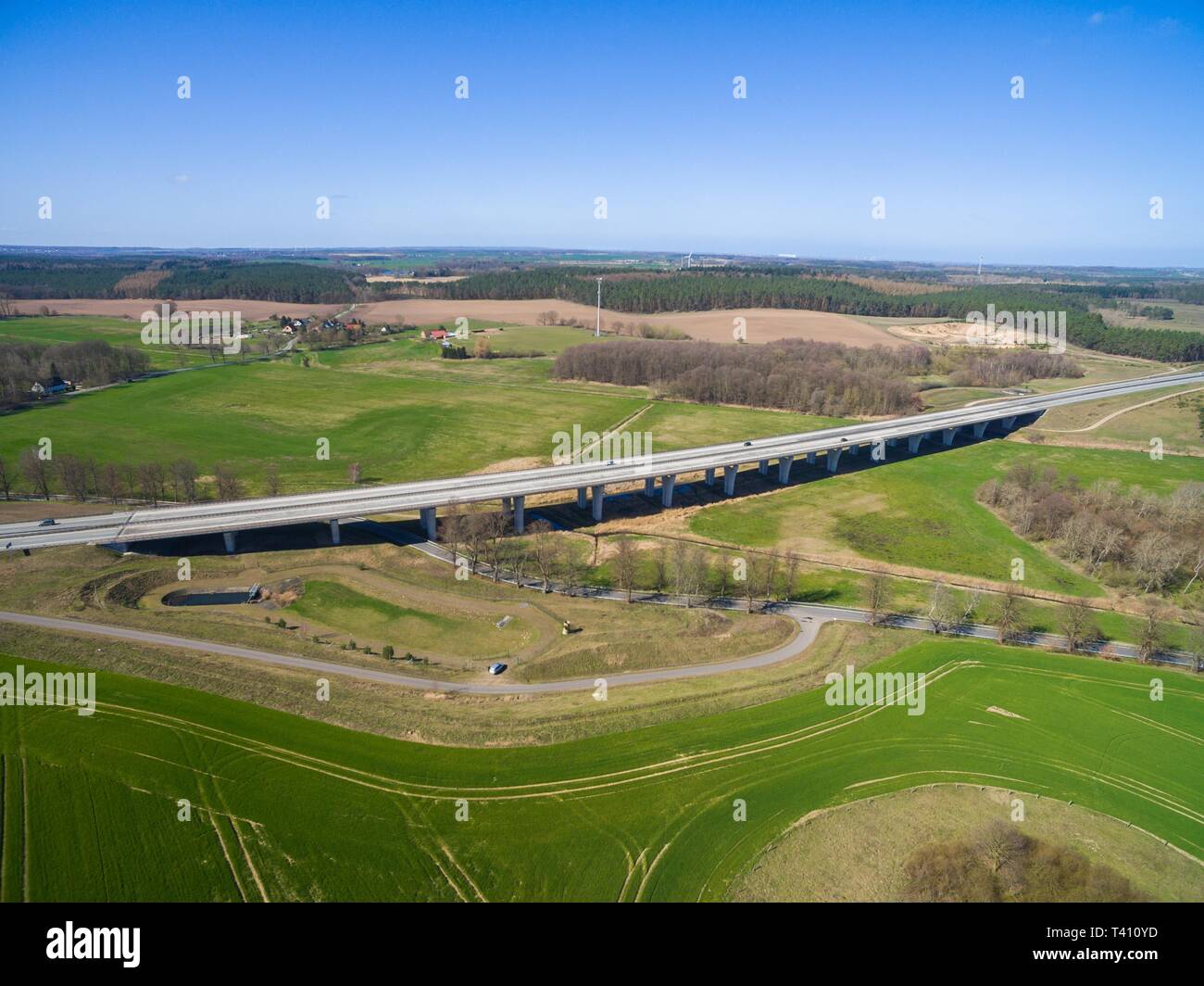 highway bridge in rural area - aerial view of a big highway bridge in ...