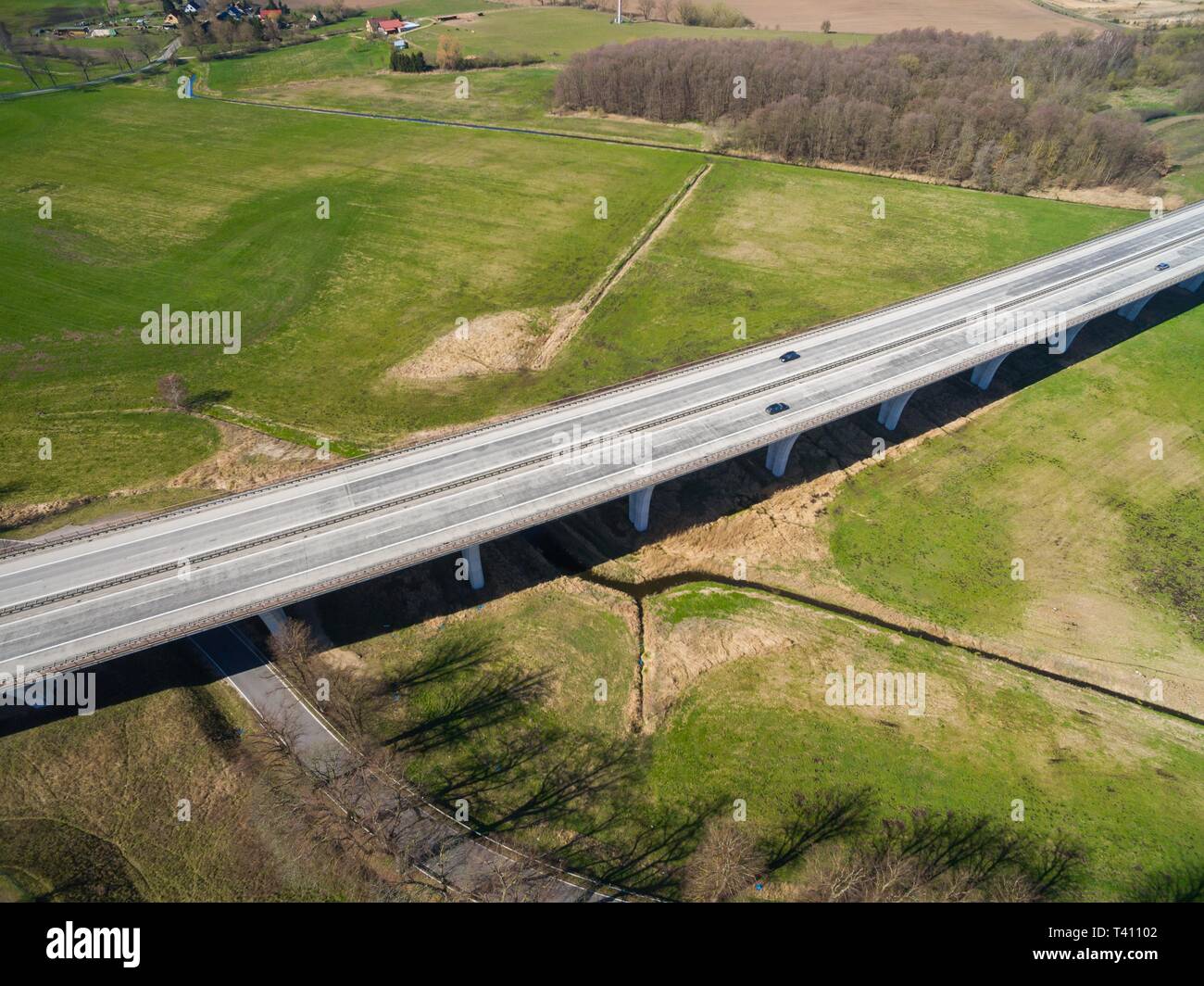 highway bridge in rural area - aerial view of a big highway bridge in ...