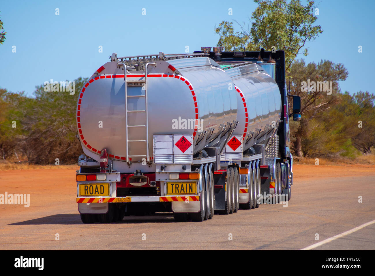 Back side of an road train transporting gasoline in Australian Outback ...