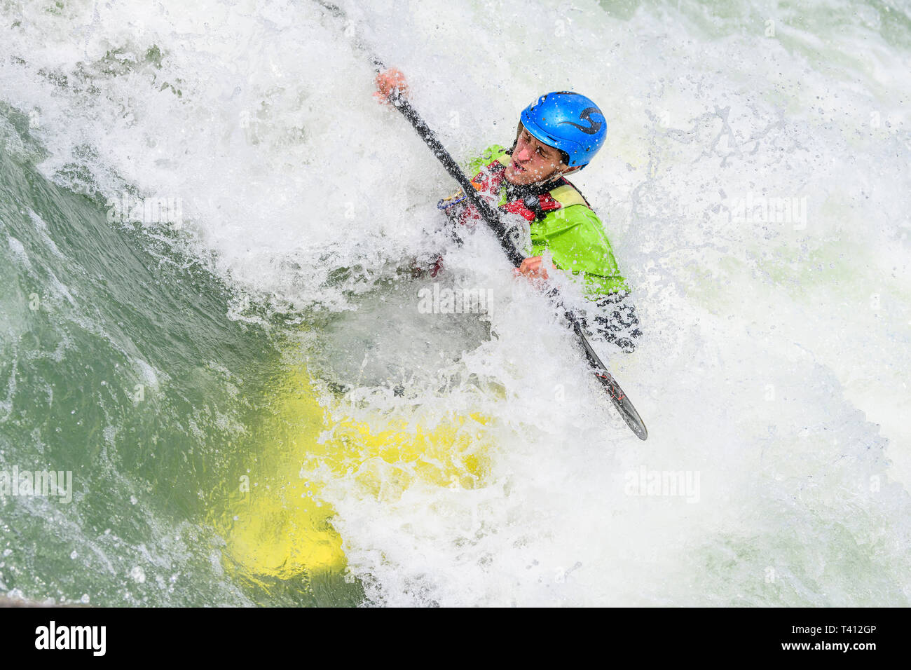 Kayaking on an artificial wild water channel Stock Photo - Alamy