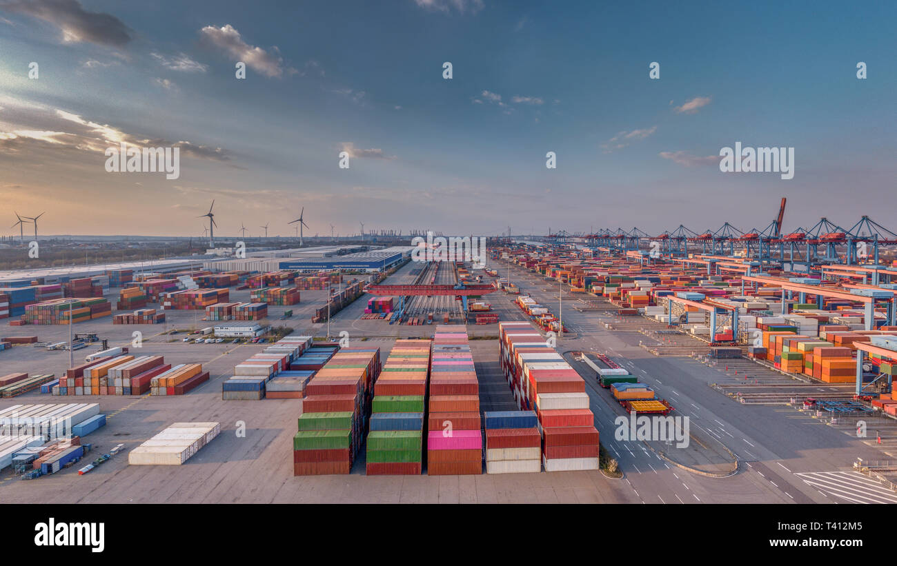 Aerial view of a container terminal at sunset Stock Photo - Alamy
