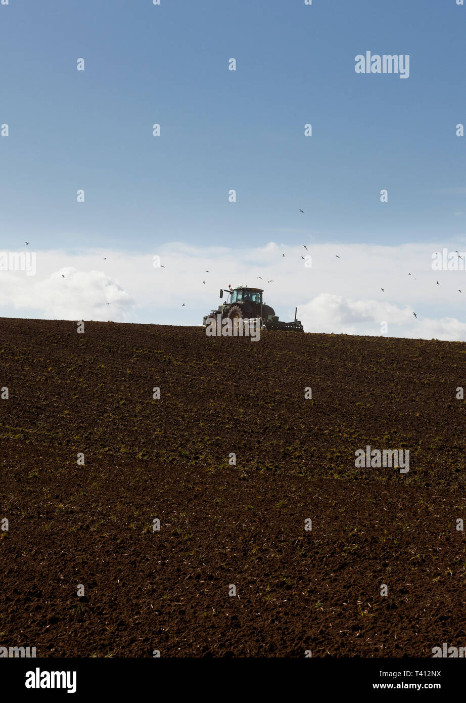 A tractor cultivating a field on a hill Stock Photo - Alamy