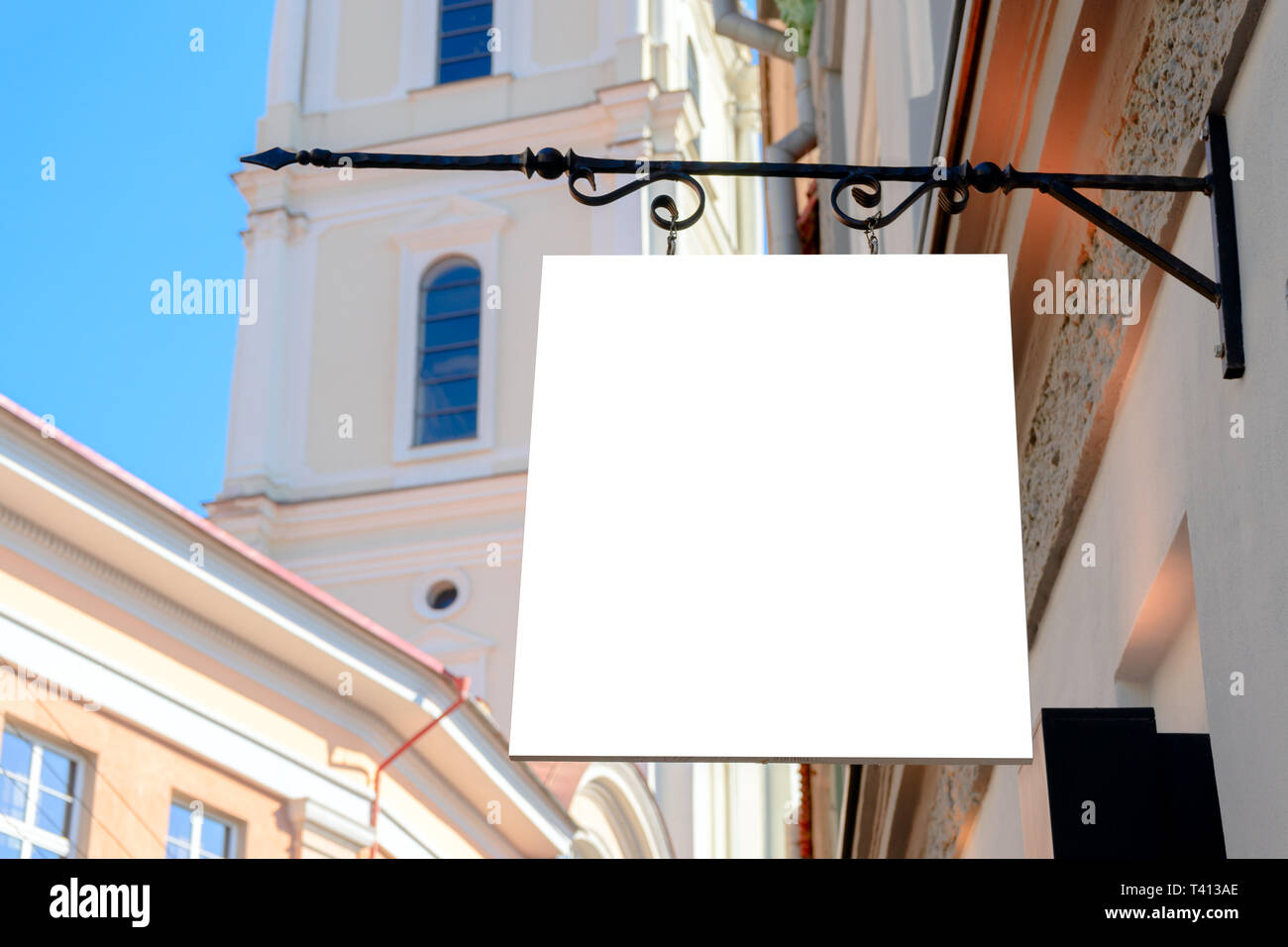 Mock up. Rectangular shape signboard on the wall of classical ...