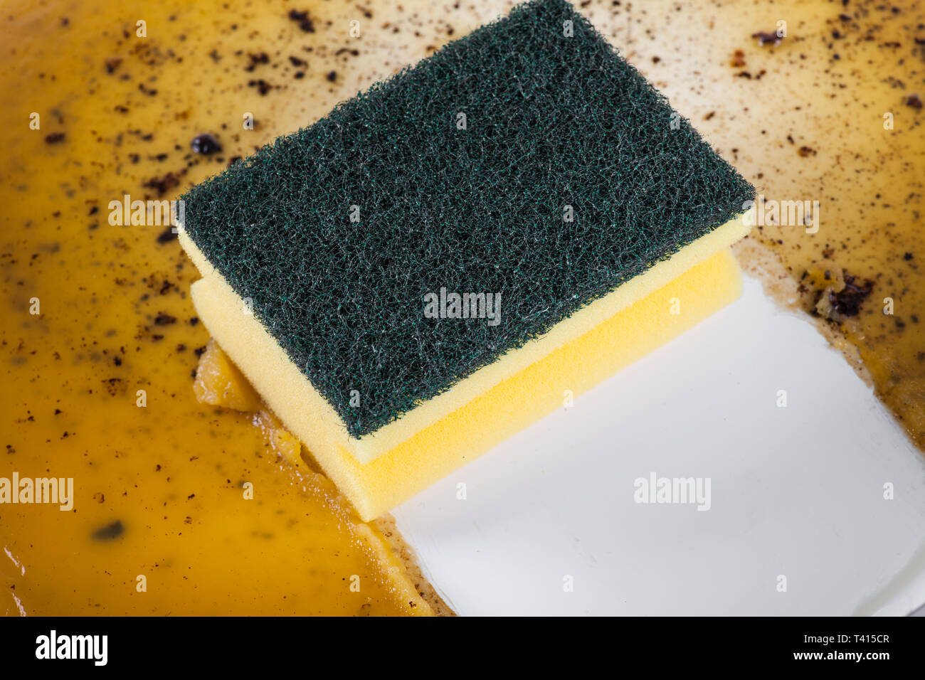 Sponge in clean a frying pan Stock Photo - Alamy