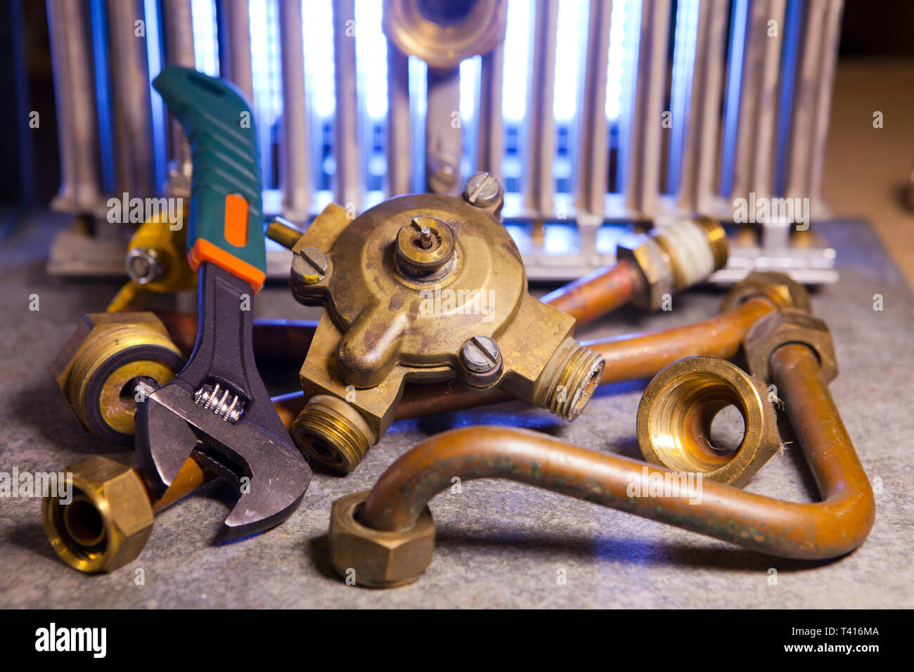 The part of gas boiler, water fittings and adjustable spanner Stock ...
