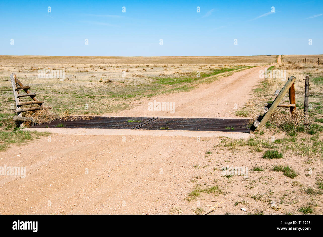 Cattle guard in line with the fence allows vehicles to continue without ...