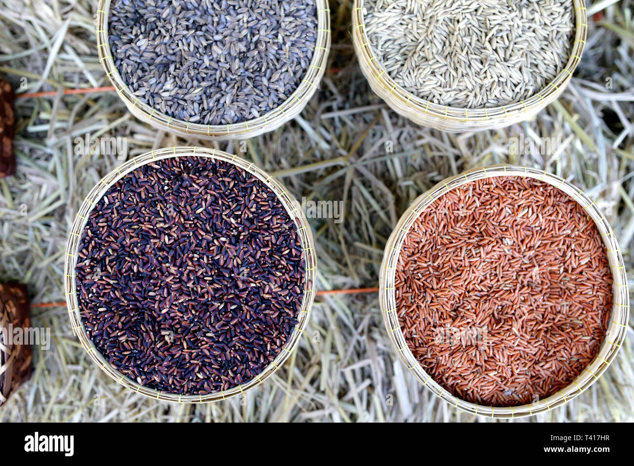 Baskets filled with different types of rice, Thailand Stock Photo - Alamy