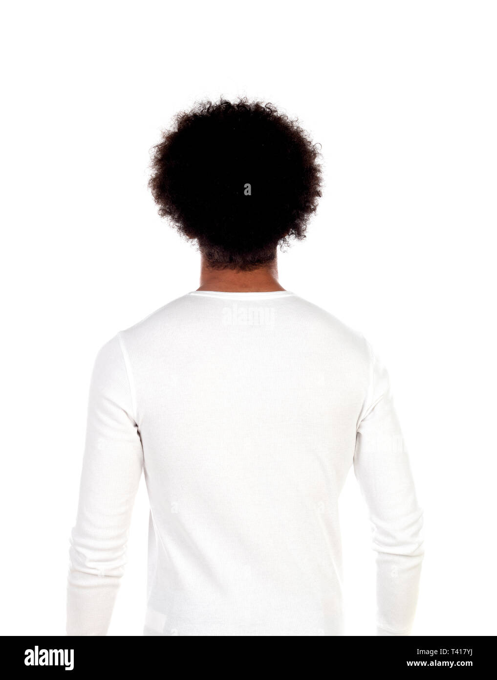 Portrait young man with afro hairstyle posing back on a white ...
