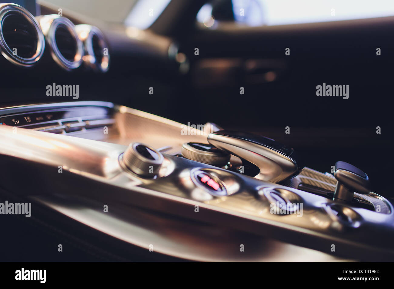 car interior. Modern car speedometer and illuminated dashboard ...