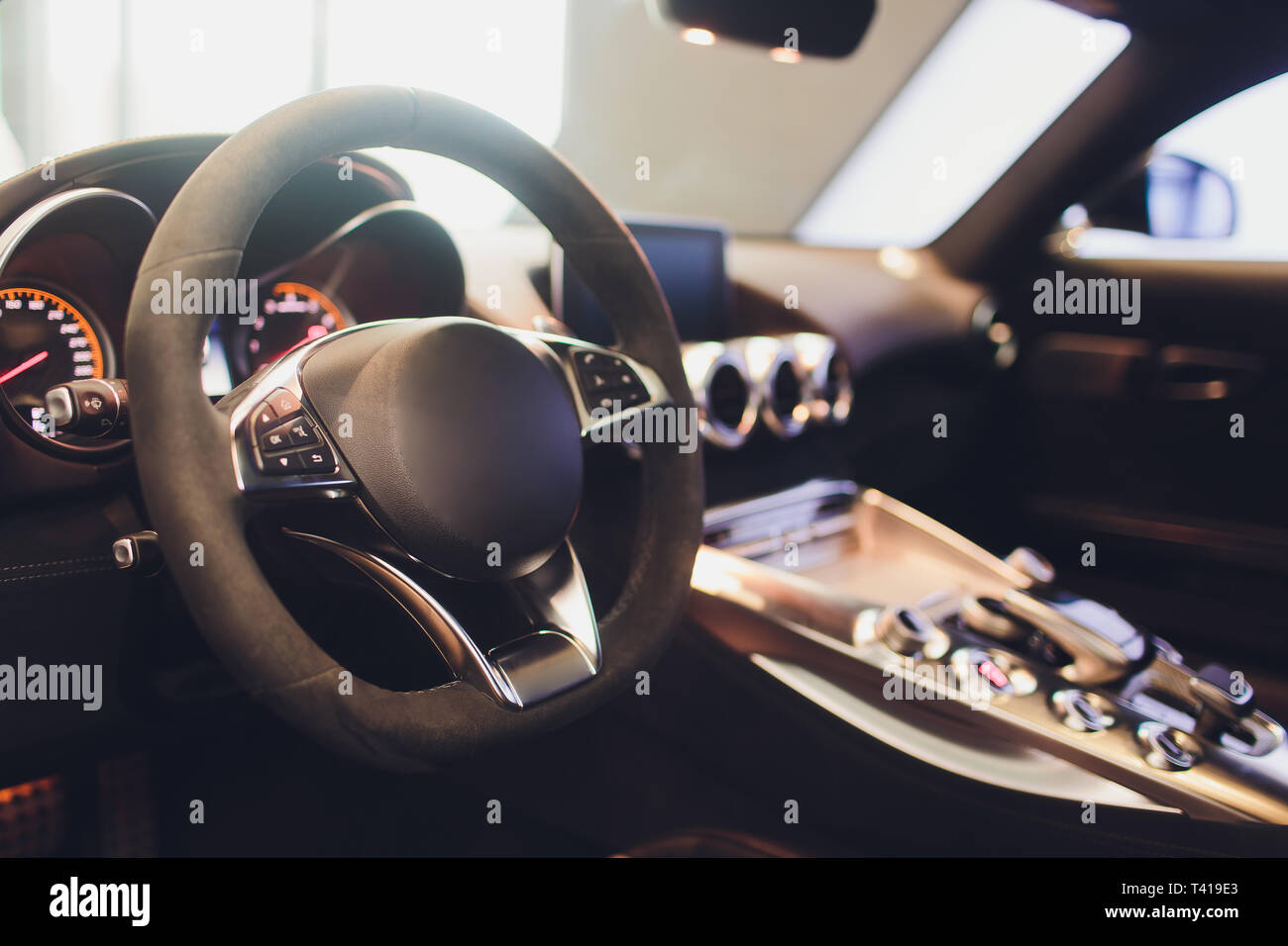 car interior. Modern car speedometer and illuminated dashboard ...