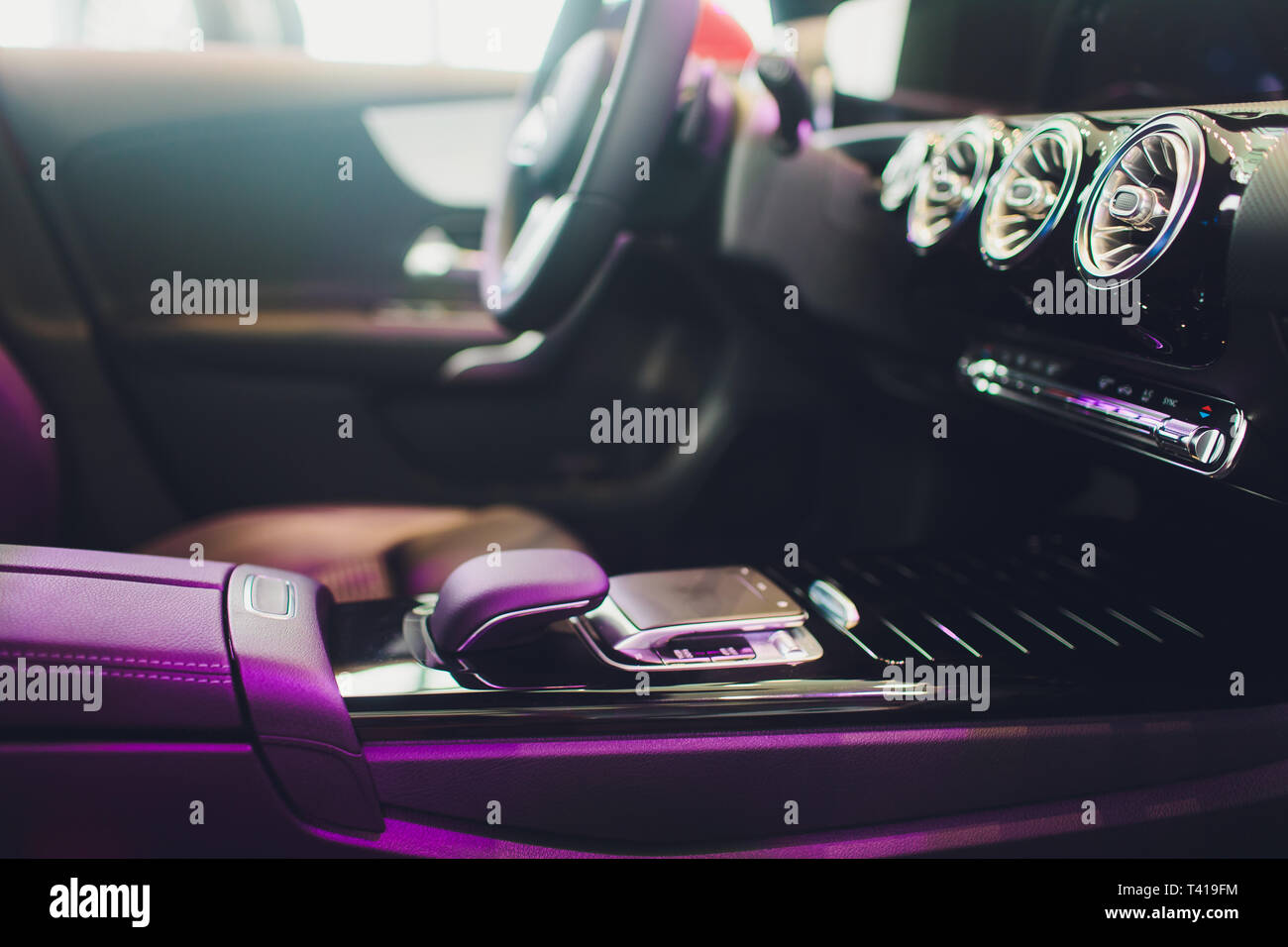 car interior. Modern car speedometer and illuminated dashboard ...