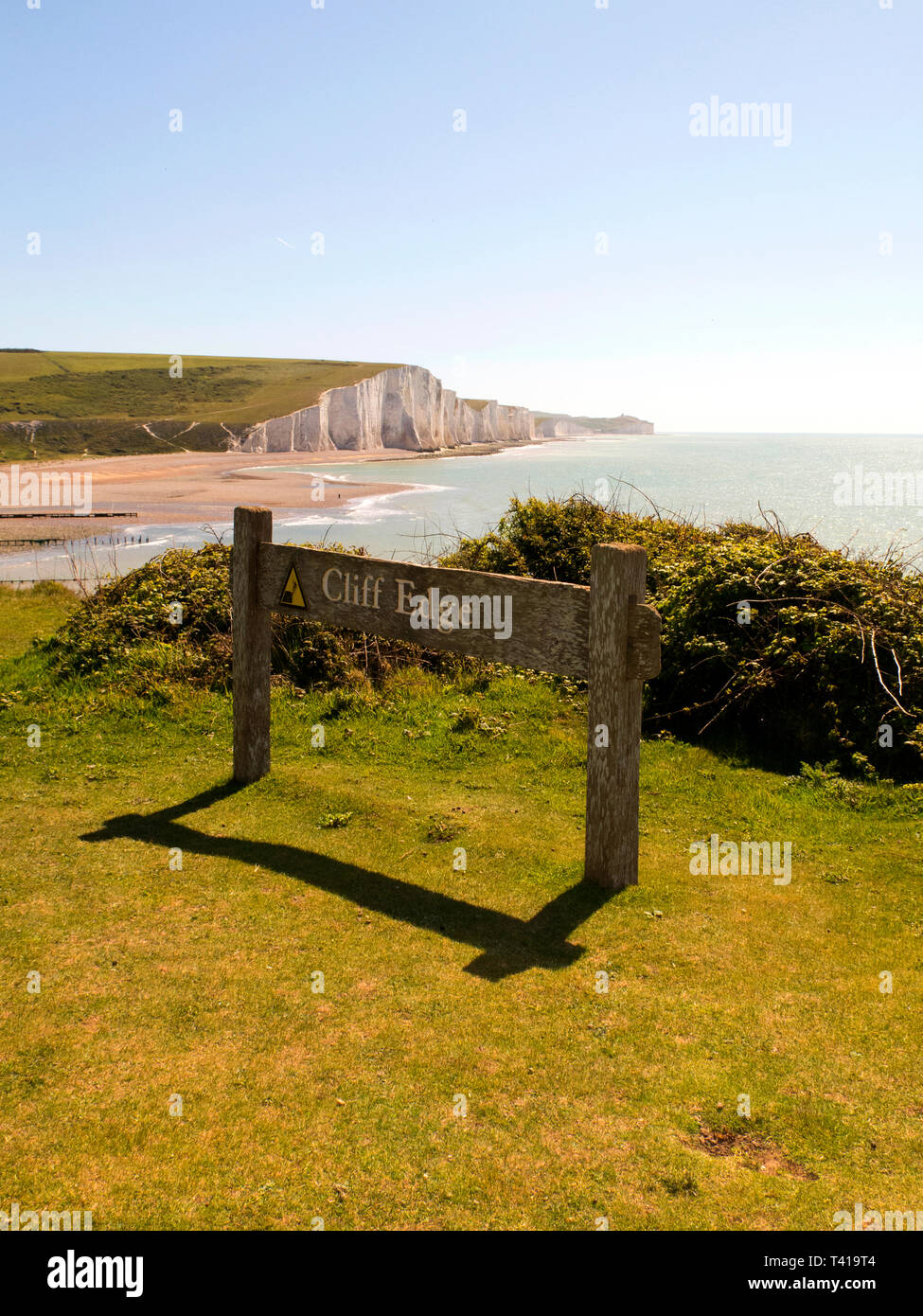Cliff edge sign at Beach Head East Sussex Stock Photo - Alamy