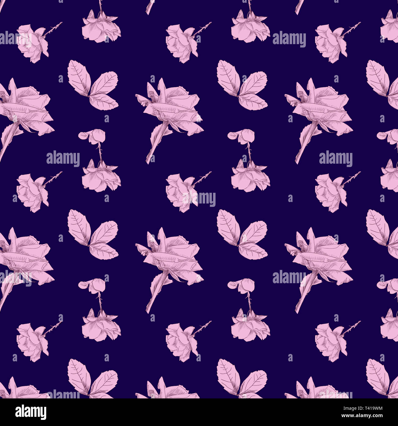 Pattern of hand drawn roses in pink with a blue colored background ...