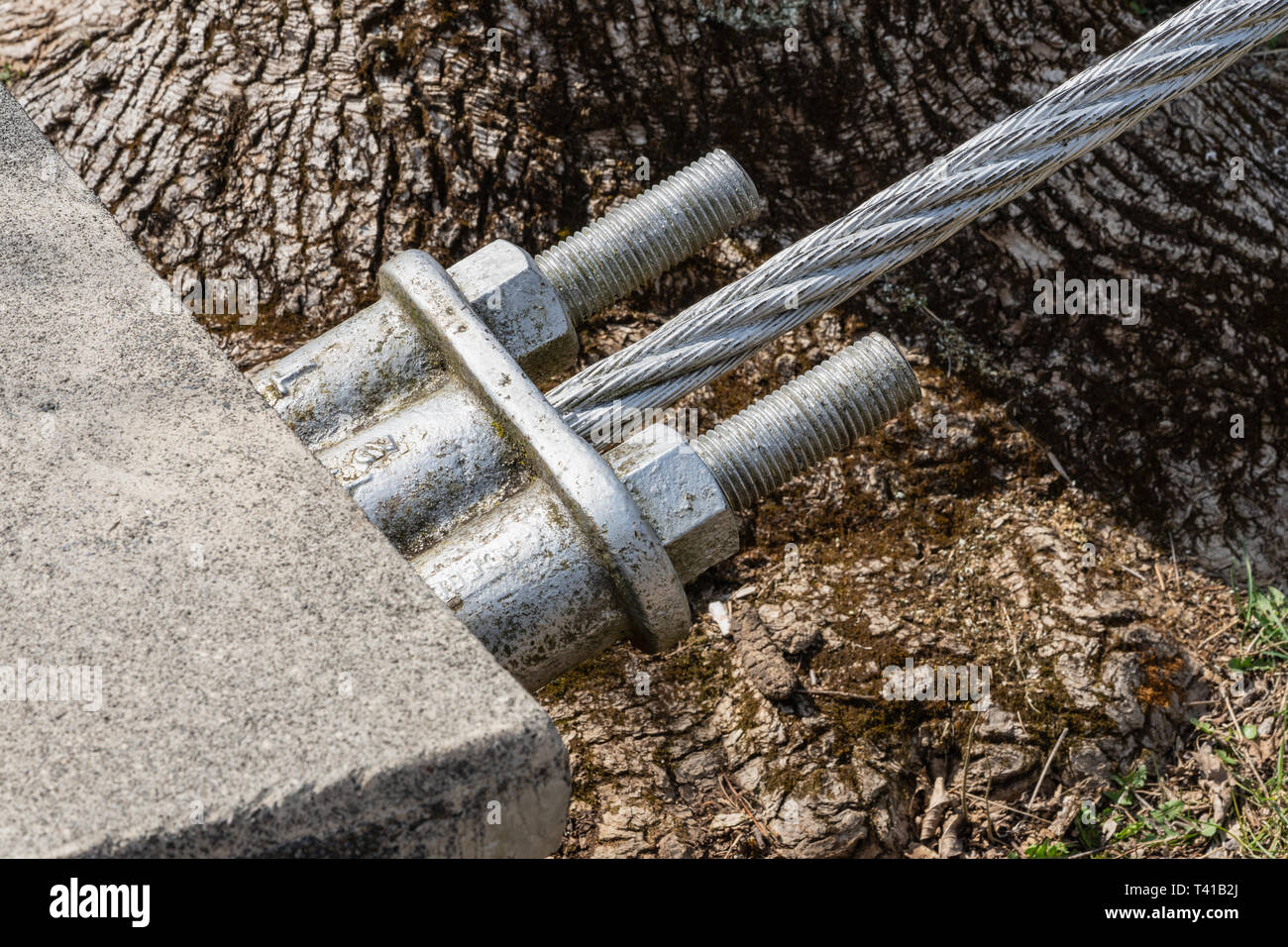 suspension bridge cable bolted into concrete base for pedestrian ...