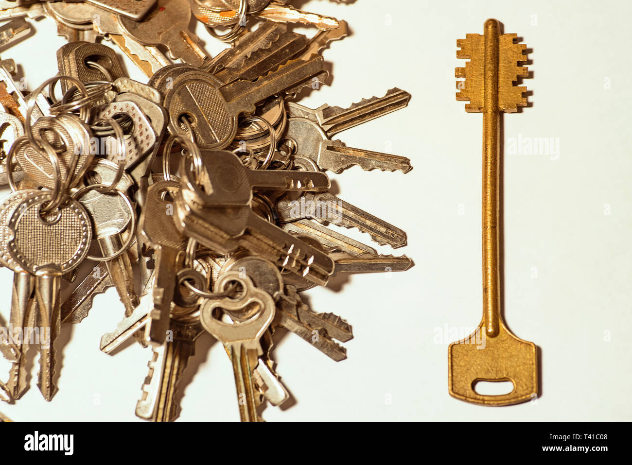 Many keys of different sizes. Keys on a white background, close-up ...