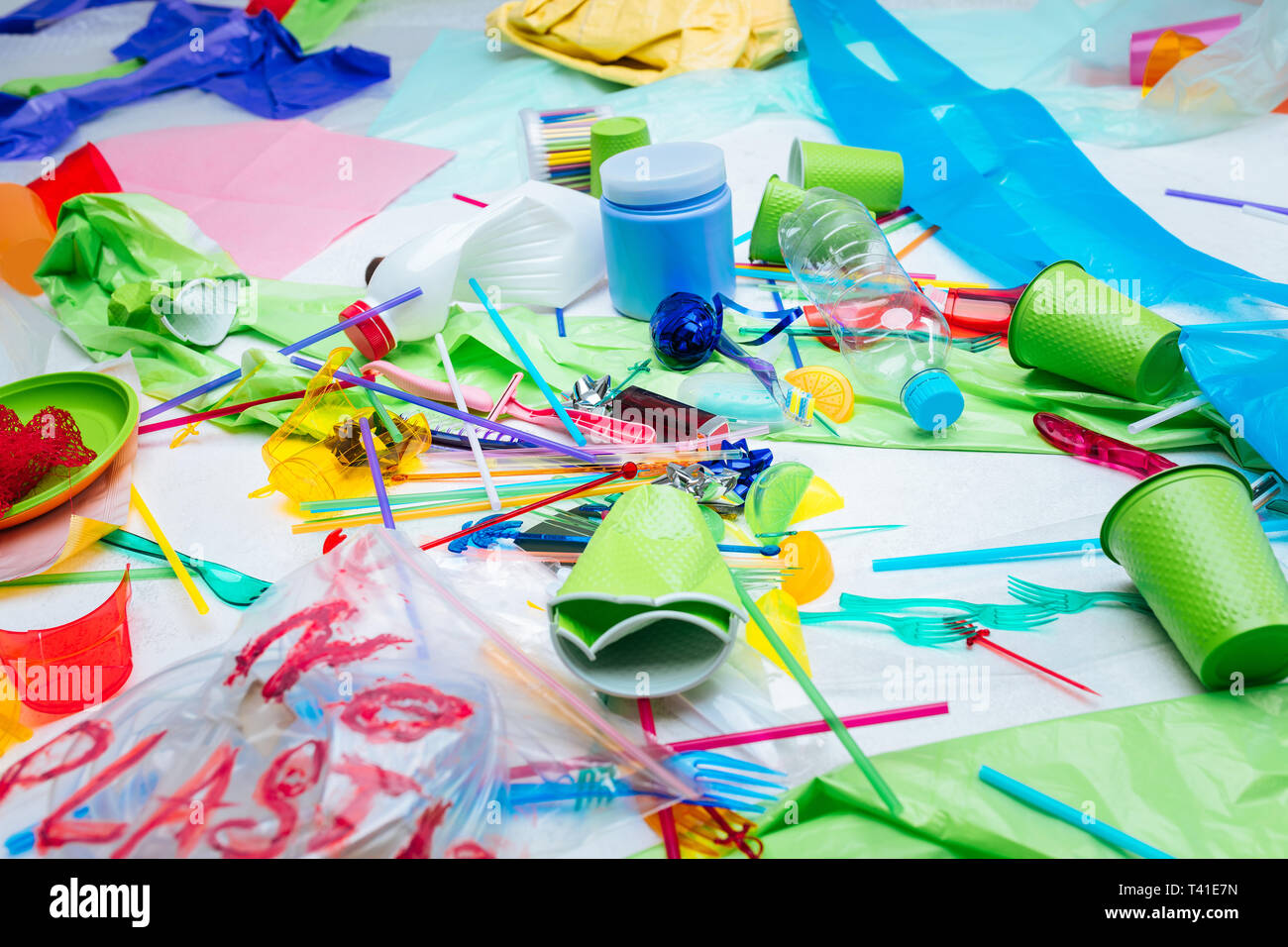 Varied plastic items. Close up of varied plastic items including cups ...
