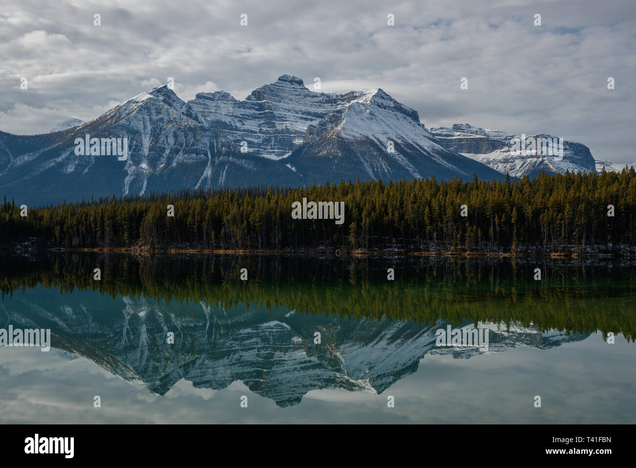 Mount Saint Piran, Mount Niblock and Divide Mountain over Herbert Lake ...
