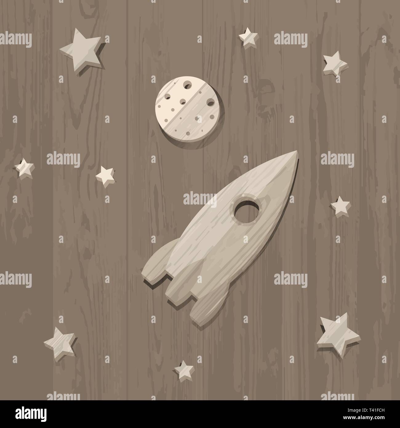 wooden rocket, moon and stars on wooden background Stock Vector Image ...