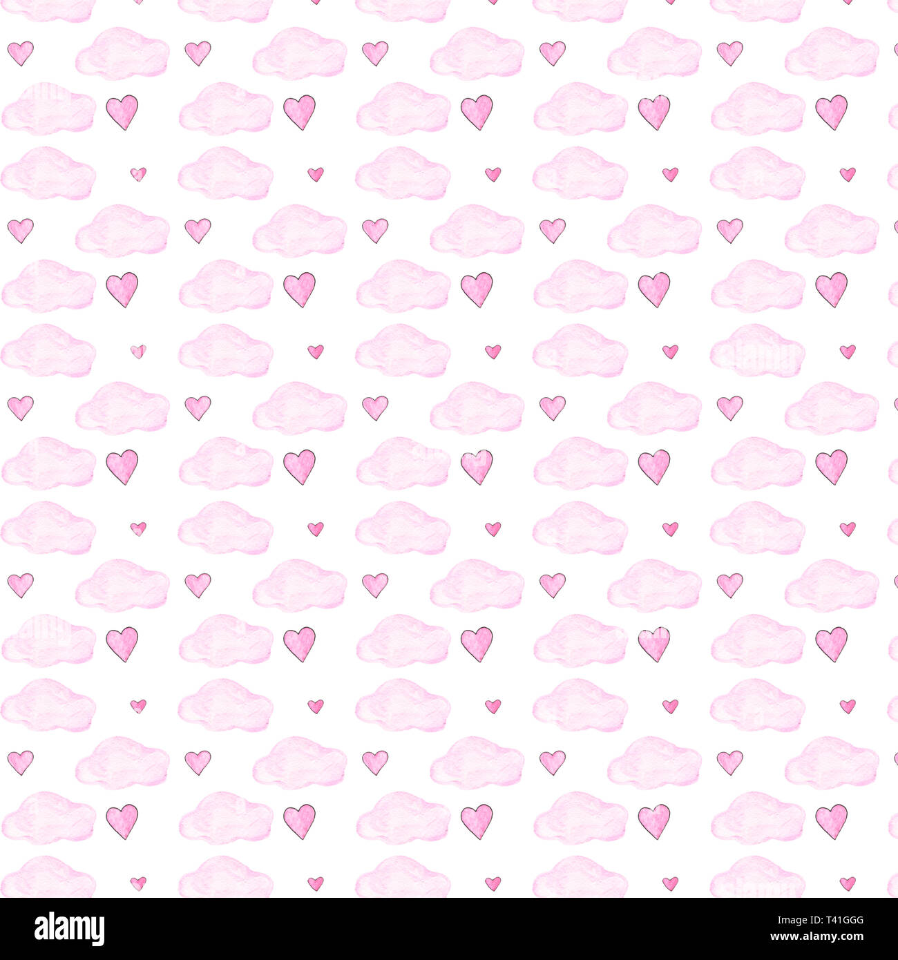 Pink clouds and hearts watercolor pattern on white background Stock ...
