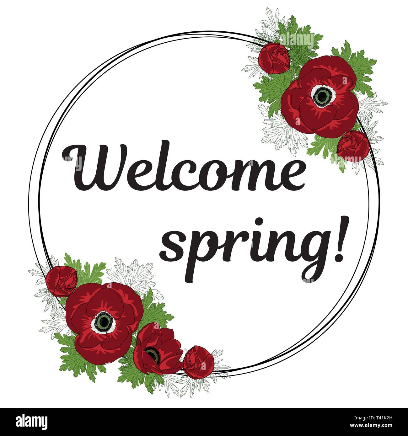 Welcome Spring vector illustration. Floral round frame made of anemone ...