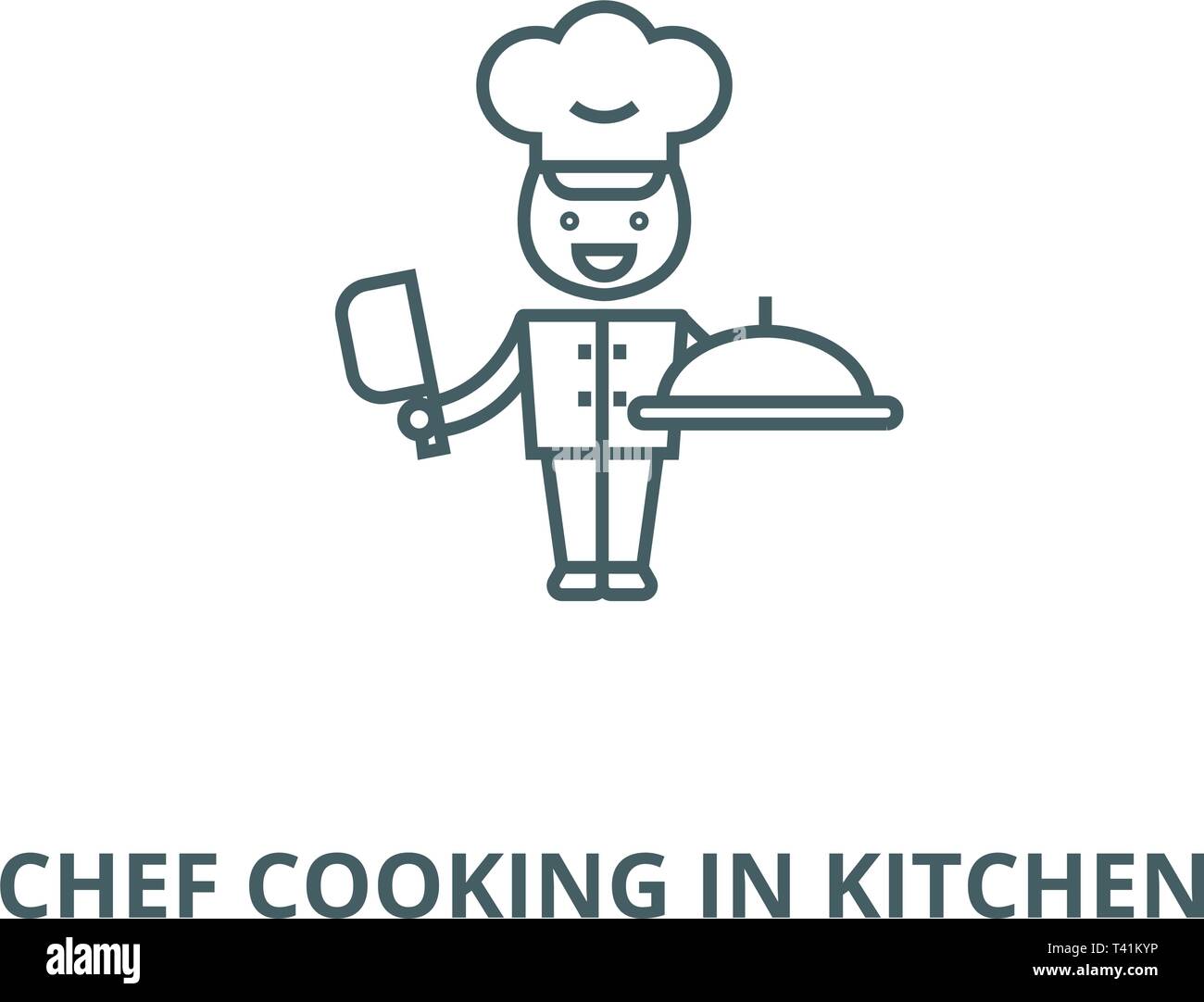 Chef cooking in kitchen line icon, vector. Chef cooking in kitchen ...