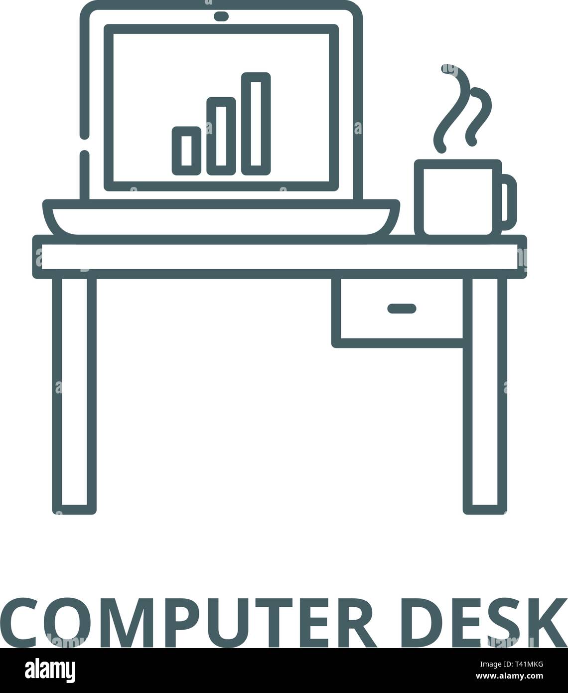 Computer desk line icon, vector. Computer desk outline sign, concept ...
