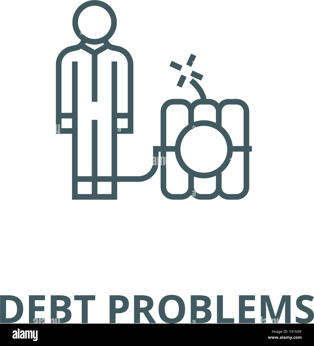 Debt problems,man with dynamite bomb line icon, vector. Debt problems ...